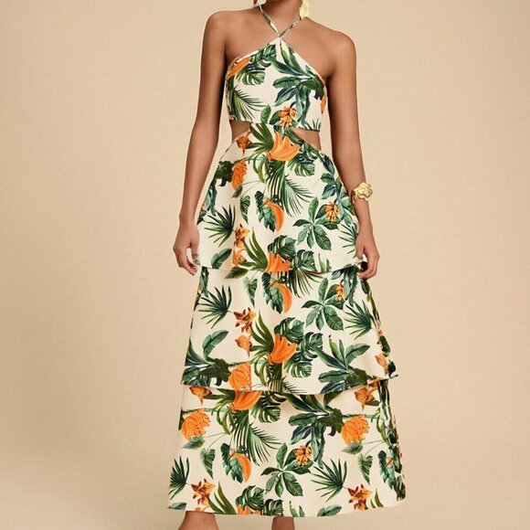 Dresses | Boho Womens Tropical Plant Print Halter Waist Cutout Maxi ...